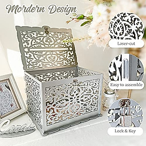 OurWarm Wedding Card Box with Lock, Silver Card Box for Wedding Reception, Wooden Gift Card Box Holder Money Box for Rustic Wedding Party Birthday Baby Shower Graduation Decorations