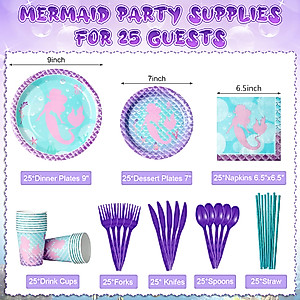 200Pcs Mermaid Paper Plates and Napkins Set,Mermaid Birthday Party Supplies Disposable Dinner Tableware Plates Napkins Cups Knives Spoons Fork for Mermaid Kids Birthday Party Decorations,Serve 25Guest