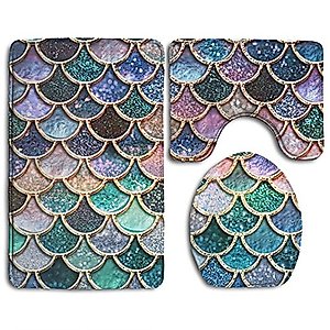 Mermaid Scales Non-Slip Bath Mat Set 3 Piece Bathroom Mat Set Includes Bathroom Rugs/Contour Mat/Toilet Cover