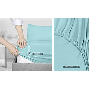 Utopia Bedding Full Sheet Set – Soft Microfiber 4 Piece Luxury Bed Sheets with Deep Pockets - Embroidered Pillow Cases - Side Storage Pocket Fitted Sheet - Flat Sheet (Spa Blue)