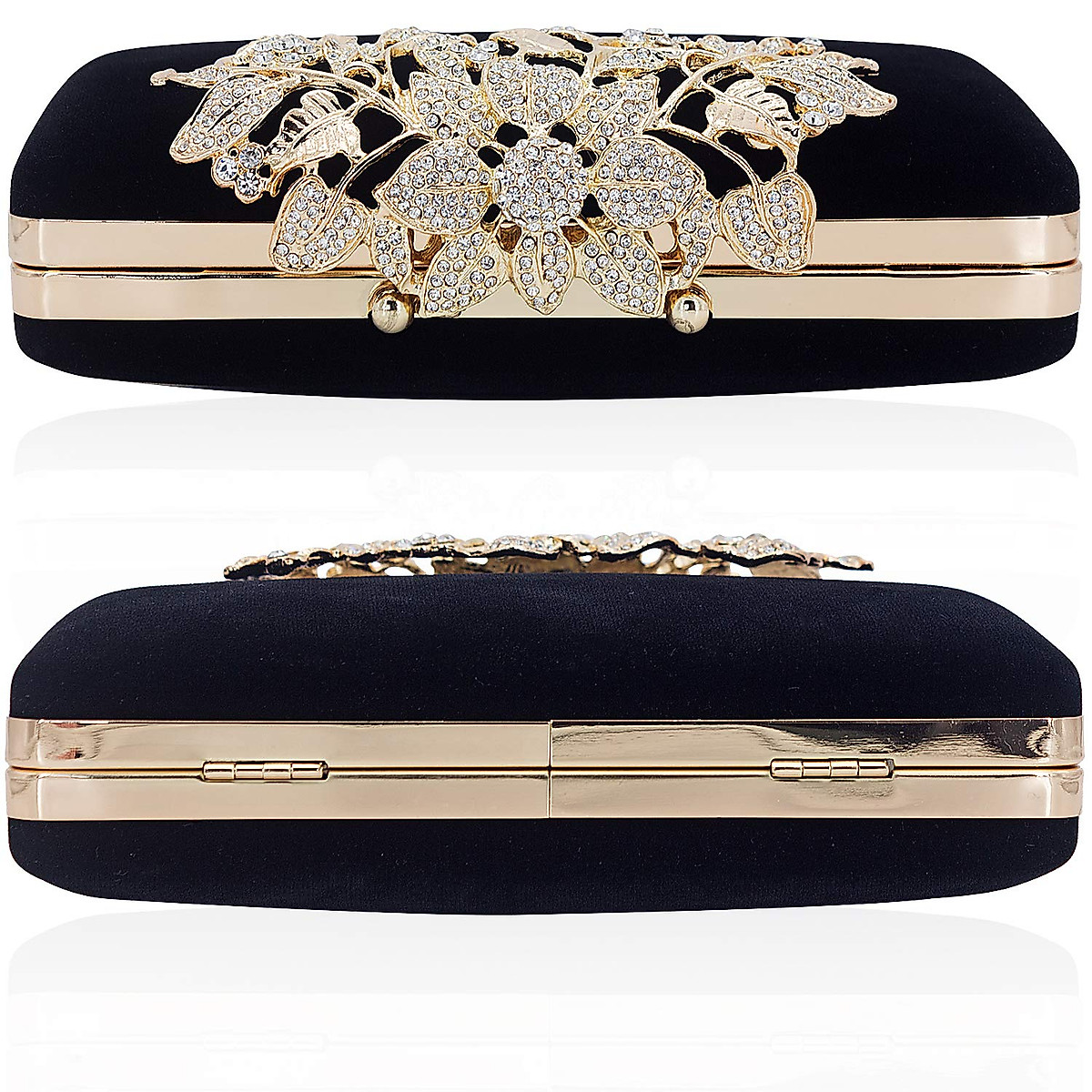 MagicLove Womens Evening Bag with Rhinestone Crystal Flower Closure Velvet Clutch Purse for Wedding Party Black