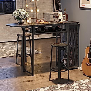 Bestier Bar Table and Chair Set, Expandable Dining Table with 2 Bar Stools, Industrial Kitchen Counter with Wine Rack & 3 Tier Adjustable Storage Shelves, Black Marble