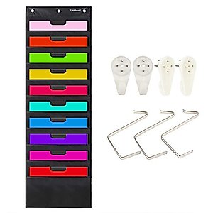 Organization Pocket Chart, Wall Hanging File Organizer Folder with 10 Large Pockets for Office, Home, School, Studio, etc. 14 X 47 inch, Black, 3 Hangers and 4 Hooks