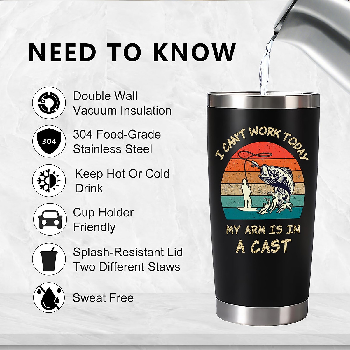 EchoMaven Fishing Gifts for Men Unique, Dad,- Gifts for Fisherman, Men Who Love Fishing, Fishing Lovers - Fisherman Gifts for Men - Fishing Tumbler 20oz - I CAN'T WORK TODAY MY ARM IS IN A CAST