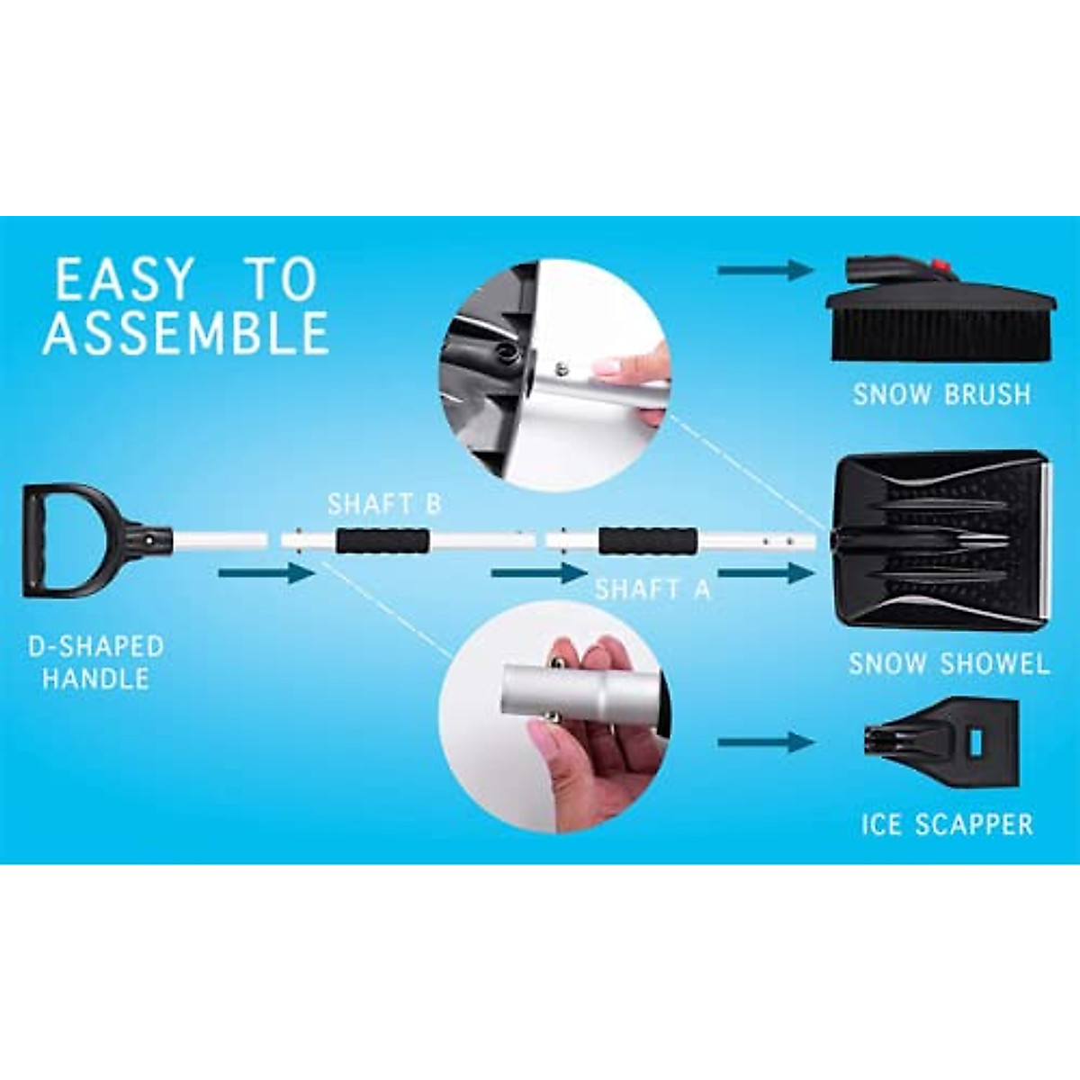 43" Retractable Snow Shovel, Aluminium Alloy Snow Sand Mud Removal Tool for Car Outdoor Camping and Garden, Detachable Three-Piece Construction