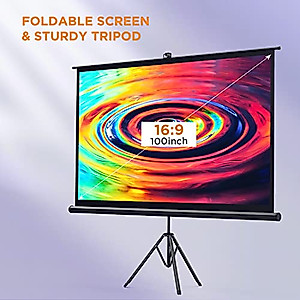 Projector Screen with Stand, 100 Inch Portable Movie Projector Screen and Stand for Outdoor/Indoor Use, 4K HD 16:9, Wrinkle-Free PVC, Easy 3-Step Setup, 1.1 Gain, 160° Viewing Angle, Quick Clean