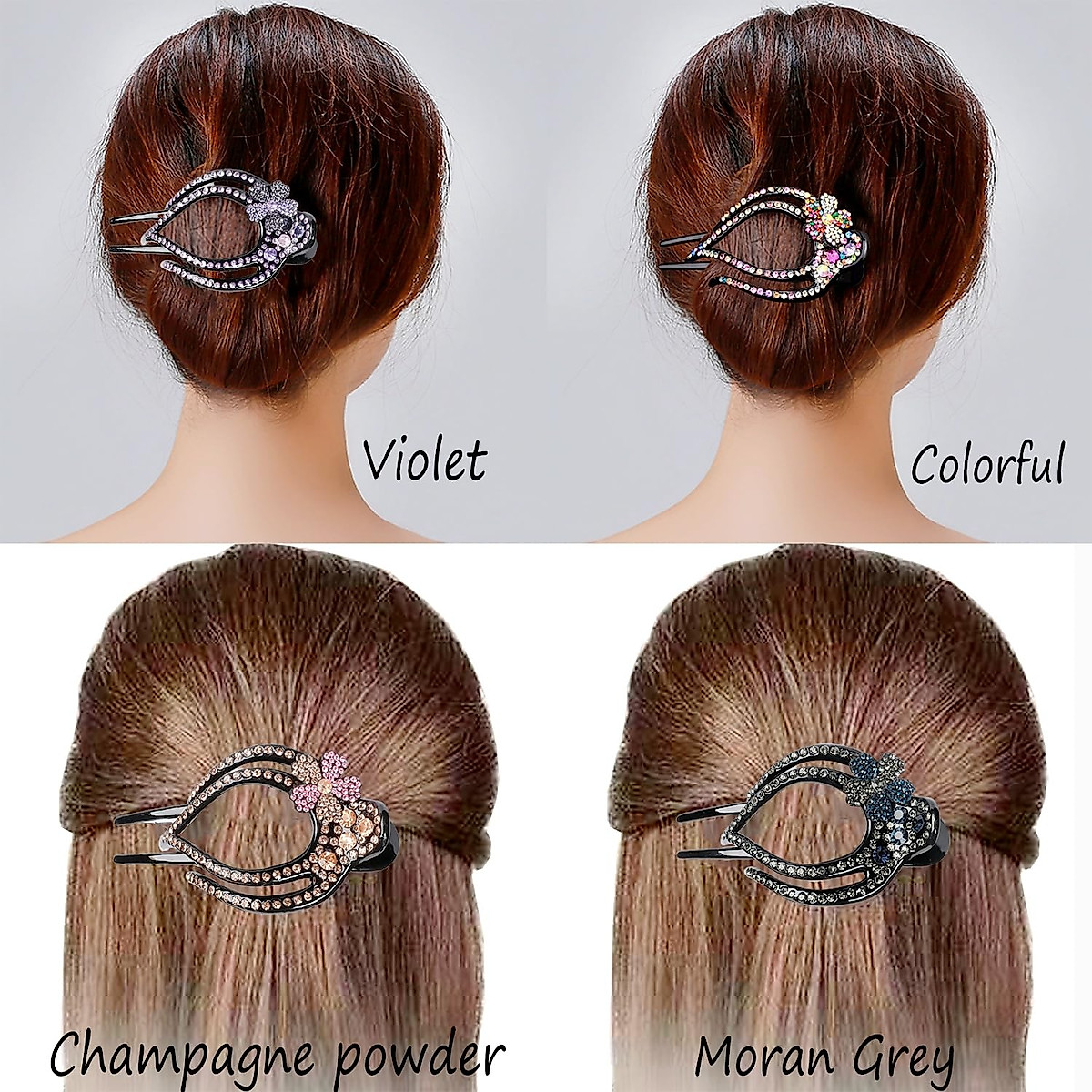 Yusier 4PCS Heart Style Ponytail Duckbill Clips with Headdresses for Women, Flower Rhinestone Barrettes Sparkly Prom Diamond Hair Clips (Plum Blossom)