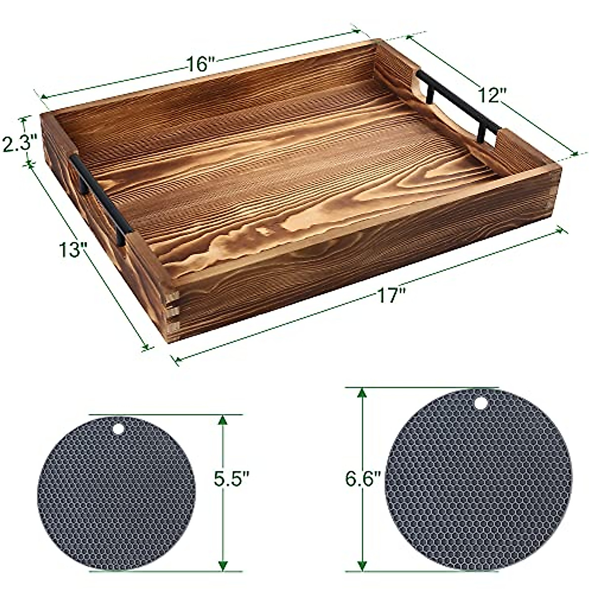 LotFancy Large Ottoman Tray for Living Room, 17x13'' Wood Serving Tray with Handles, Home Décor for Coffee Table, Sofa, 2 Skidproof Coasters Included