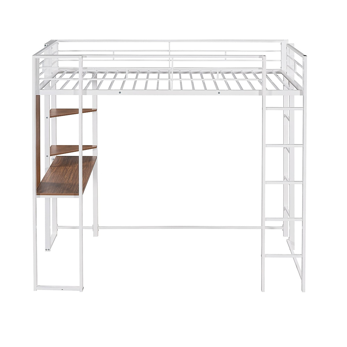 Merax Twin Size Metal Loft Bed with Built-in Desk, 2 MDF Shelves, Full-Length Guardrail and Ladder, Twin Size High Loft Bed, White