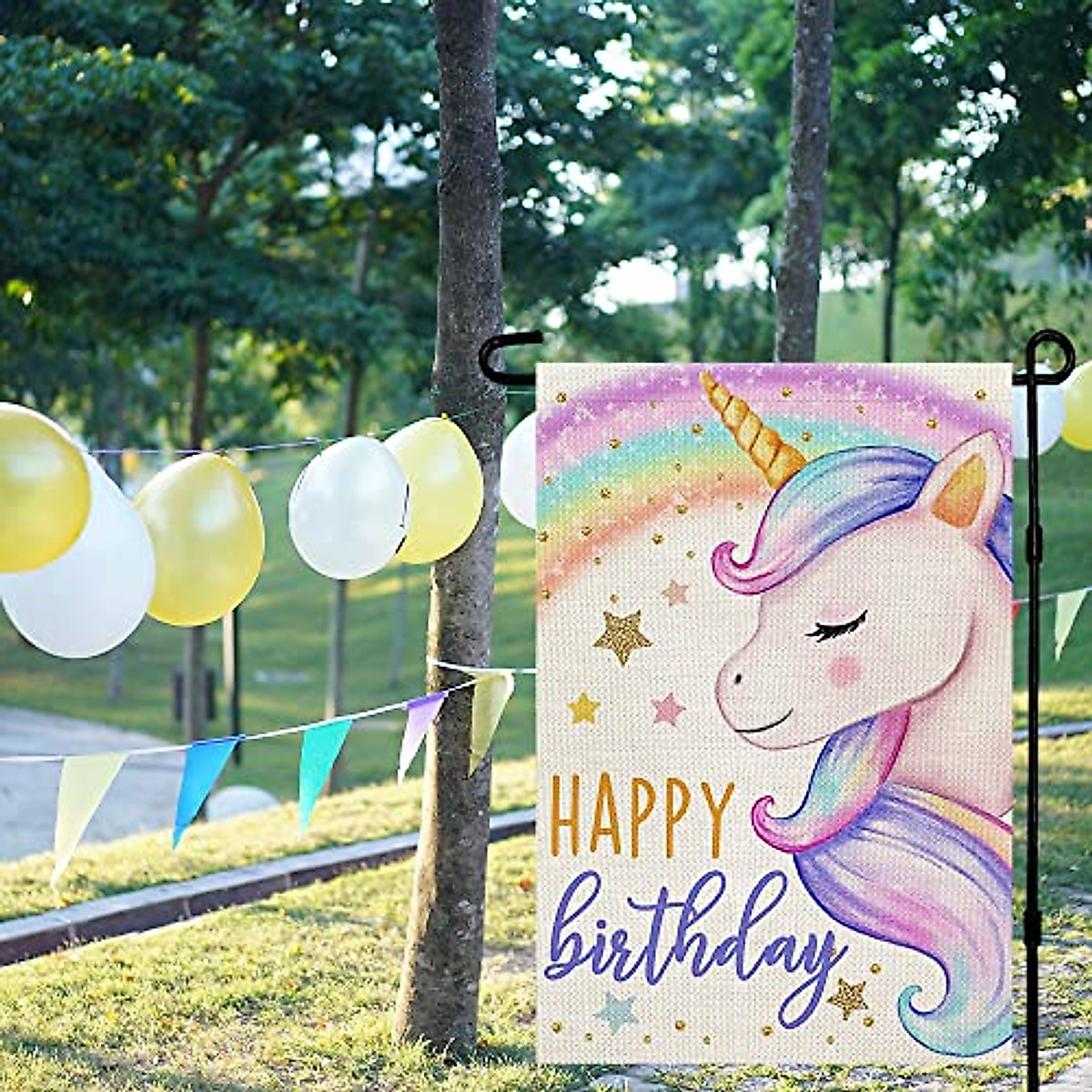 CROWNED BEAUTY Happy Birthday Garden Flag 12x18 Inch Double Sided Girl Unicorn Rainbow Outside Welcome Party Decoration Gift Yard Flag