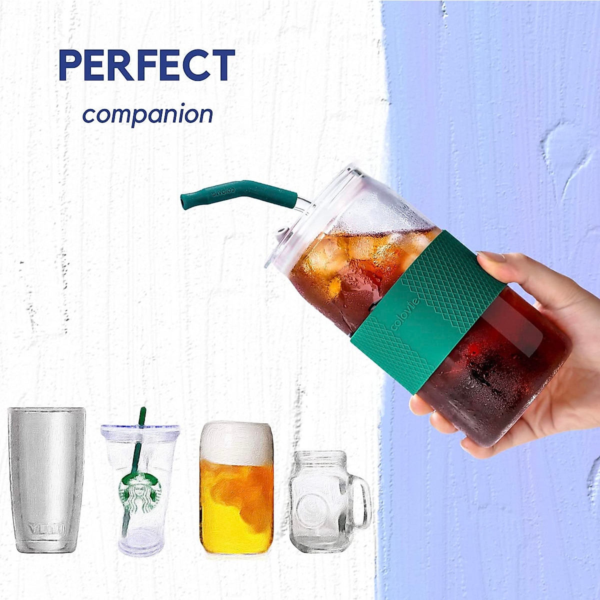 ColoVie Reusable Glass Drinking Straws 6 Straight + Silicone Tips with Curved Bend 6 Pack(BPA Free, Food grade, Non-Rubber) + Cleaning Brush 2 Pack, Clear, Safe, Durable, Stirring, for Tumbler