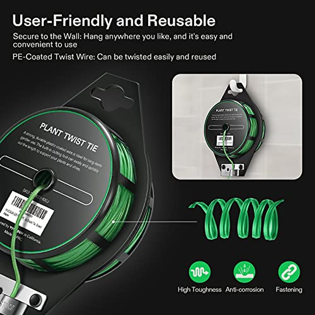 VIVOSUN 328 Feet PE-Coated Twist Tie, Roll Spool Dispenser with Cutter Secure Garden Plant Multi-Function Cable Snack Tie, Green