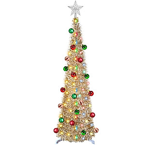 5 Ft Lighted Bling Christmas Pencil Tree with Timer 50 Warm White & Multi Color Light 3D Star 25 Ball Ornament Battery Operated, Glitter Tinsel Pop Up Slim Xmas Tree Decor Indoor Home (Champagne Gold)