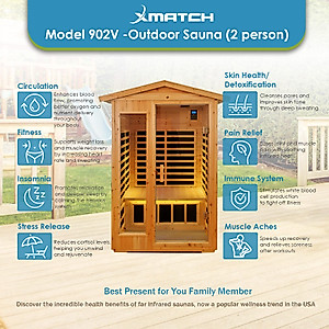Xmatch Saunas 902V Far Infrared Sauna, Outdoor Wooden Dry Sauna Low EMF (Hemlock Wood, 2-Person Size)
