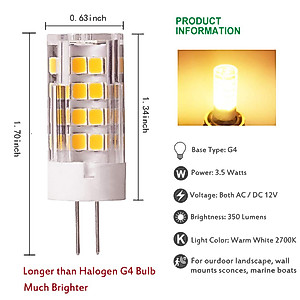BAYSHE G4 LED Bulb 3.5W 350lm 2700K Warm White (12volt 40watt equivalent) Ceramic AC/DC12V T3 Bi-Pin Base Light for Outdoor Landscape Path Deck Step Paver Lighting,Not dimmable 6-Pack