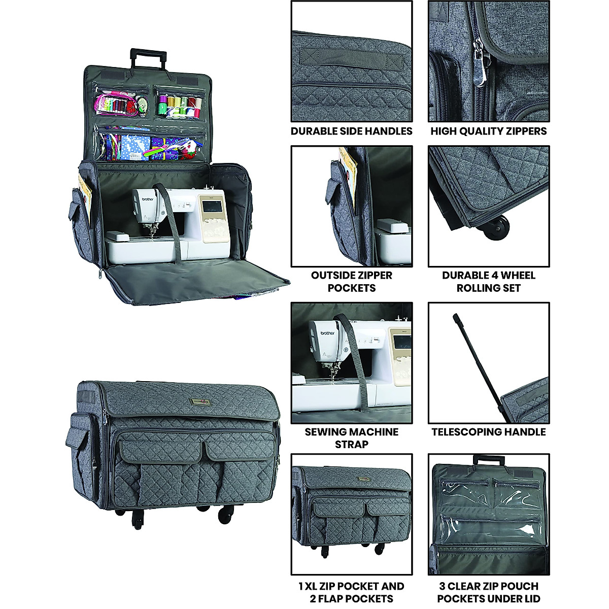 Everything Mary XXL Rolling Sewing Tote, Heather Grey - Rolling Carrying Storage Cover Case Compatible with Large Brother and Singer Machines - Universal Travel & Craft Tote Bag