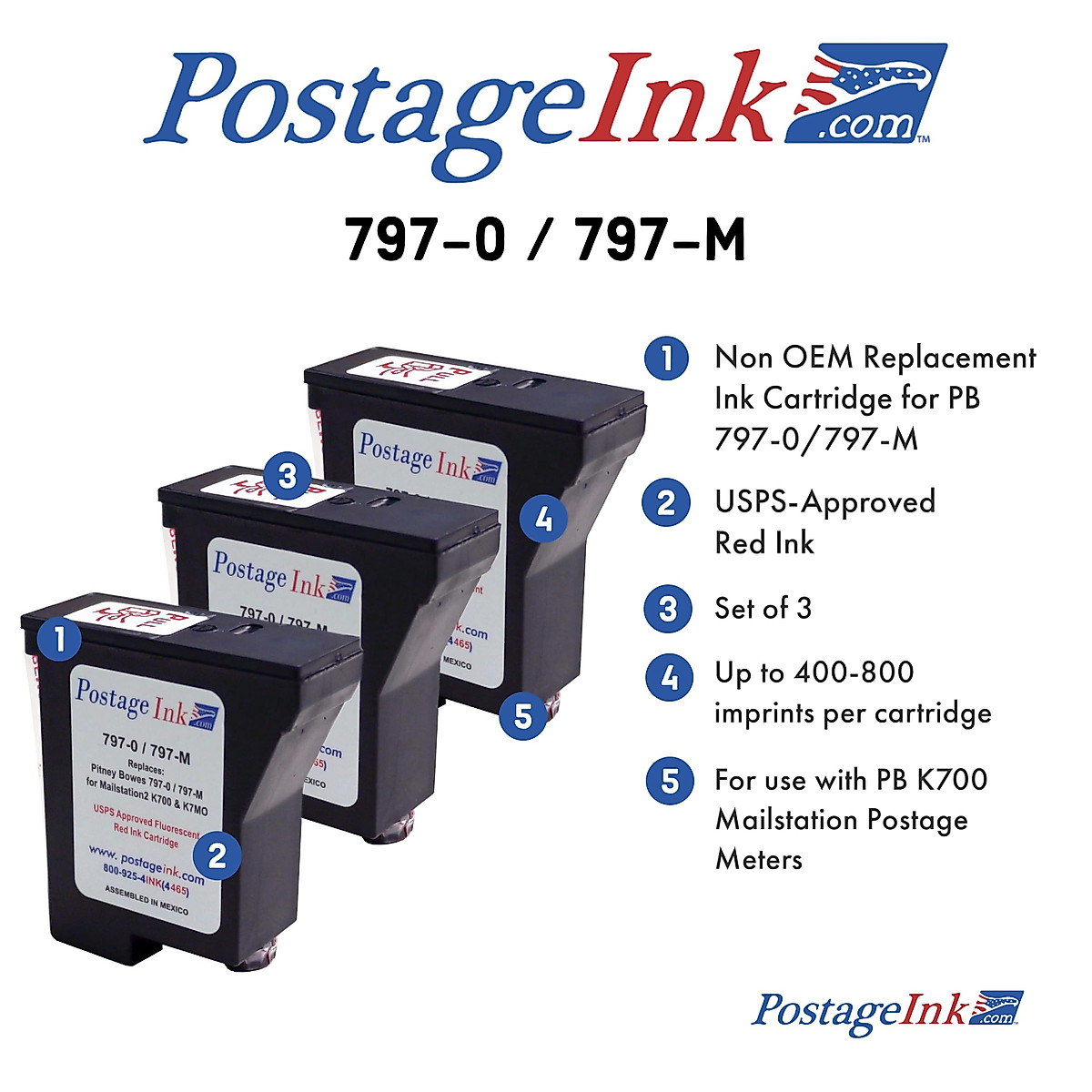 PostageInk.com 797-0 Ink Cartridge Replacement for use with mailstation (K700) and mailstation 2 (K7M0) Postage Meters, Set of 3