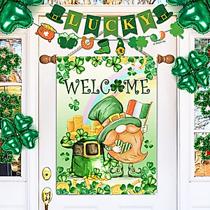 St Patricks Day Flag, St. Patrick's Day Flags 28 x 40 Double Sided, Saint Patricks Day Burlap House Flag with Leprechaun Gnomes Shamrock Clover Green Hat Welcome Signs for Outdoor Lawn Garden Decor