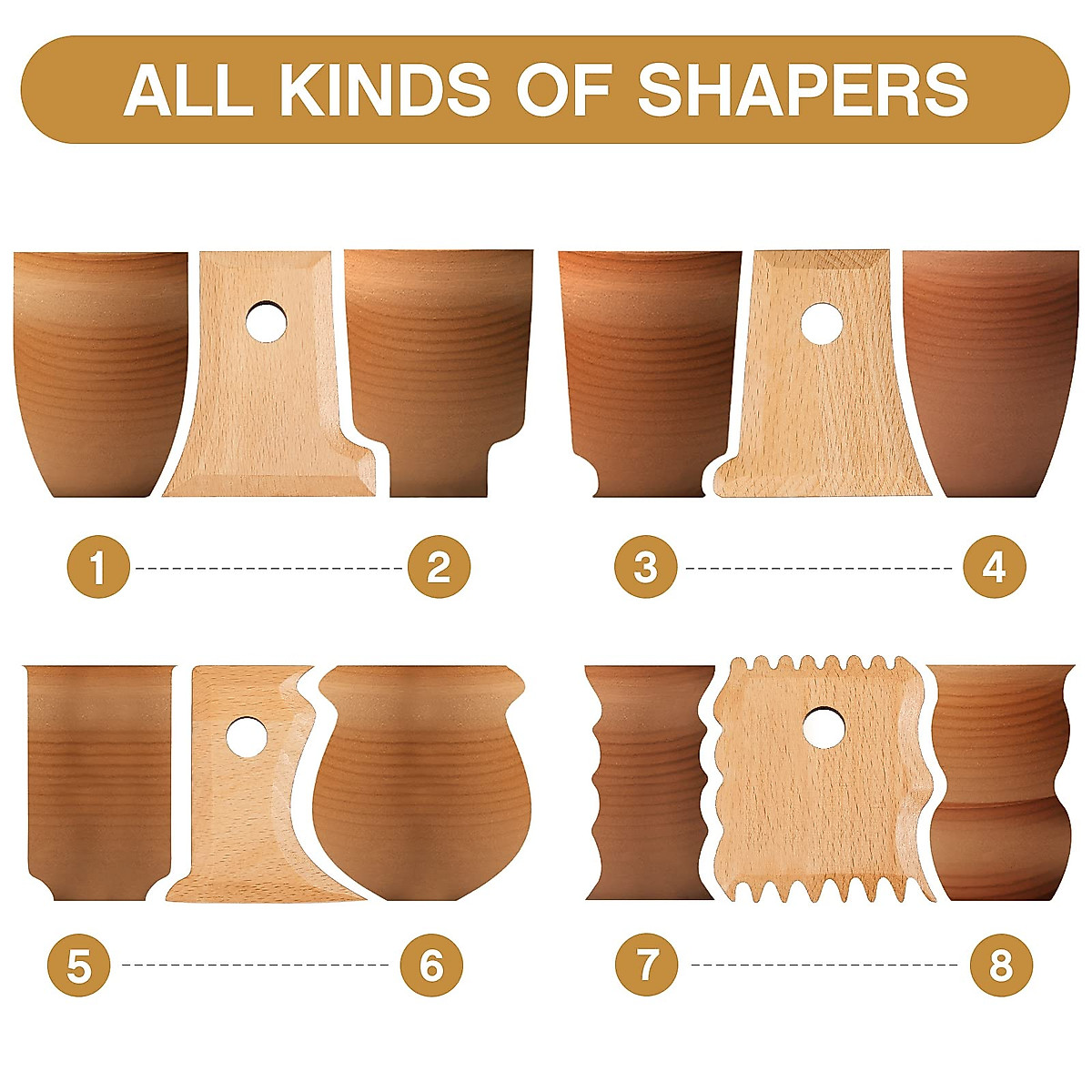 Amylove 7 Pcs Pottery Tools Pottery Foot Shaper Trimming Tools Profile Rib Bundle Foot Shaper for Ceramics for Carving Clay Molds Clay Texture Ribs Ceramics, Beech Wood, Stylish Style