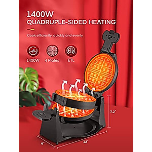 Waffle Maker, Belgian Waffle Maker Iron 180° Flip Double Waffle, 8 Slices, Rotating & Nonstick Plates, Removable Drip Tray, Cool Touch Handle, Black, 1400W
