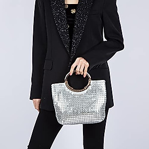GripIt Designer Handbags Sequin Tote Bag with Rhinestone Wristlet Sparkly Purse Crystal Bag for Women Trendy Formal Evening Bag,Silver