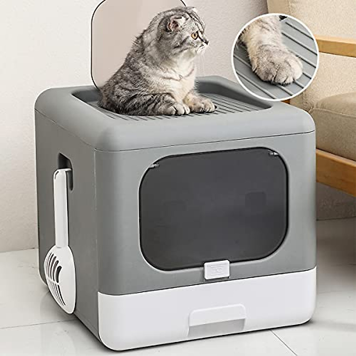 Top Entry Cat Litter Box with Lid,Foldable Litter Box with Cat Plastic Scoop,Extra Large Space,Drawer Structure,Closed Smell Proof Anti-Splashing,Split Type for Easy Cleaning (New Grey)
