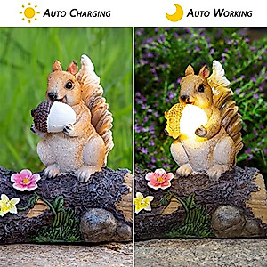 Solar Garden Statue Outdoor Decor, Squirrel Holding a Pinecone Stood on Trunk with Solar LED Lights, Outside Decoration for Patio Yard Lawn Porch Ornaments Gardening Gift