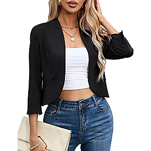KOJOOIN Womens Fall Fashion 2023 Casual Business Cropped Blazer 3/4 Sleeve Collarless Open Front Ruffle Work Office Cardigan Suit Jacket Shrug Black Small