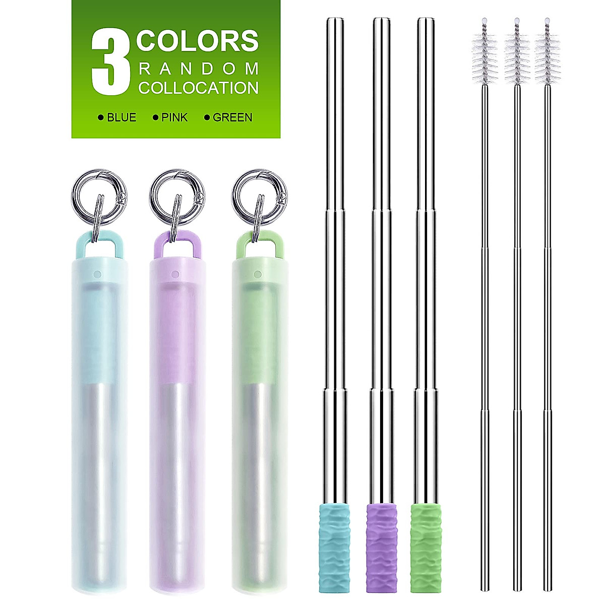LOIVFET Metal Straws 3 Pack Reusable Collapsible Stainless Steel Straw Portable Telescopic Straws Drinking Easy to Clean with Silicone Tips,Travel Case,Keychain,Cleaner Brush(Green & Blue & Purple)