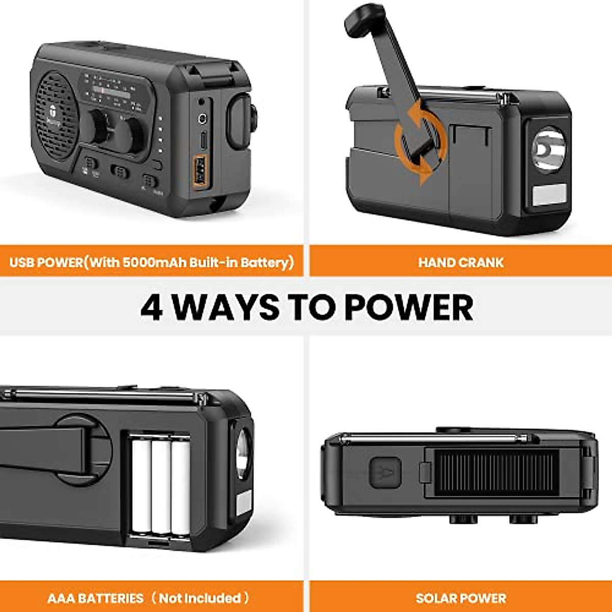 Emergency Radio, TENROOP Upgraded 5000mAh Solar Hand Crank Weather Radio for Hurricane, 4-Way Powered AM/FM/NOAA Weather Alert Portable Radio with Flashlight, Reading Lamp, Power Bank, SOS Alarm-Black