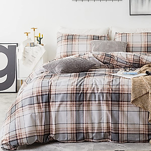 SUSYBAO Brown Plaid Duvet Cover King 100% Cotton Tan Tartan Duvet Cover 3 Pieces Set 1 Rustic Khaki Striped Duvet Cover with Zipper Ties 2 Pillowcases Luxury Soft Farmhouse Gingham Bedding Set