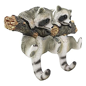 Ebros Whimsical Forest Rustic 2 Playful Raccoons Dangling On Tree Branch 6 Pegs Wall Hooks 9.25" Wide Hanger Raccoon Rodent Themed Wall Mount Coat Hat Keys Hook Decor Hanging Sculpture Plaque