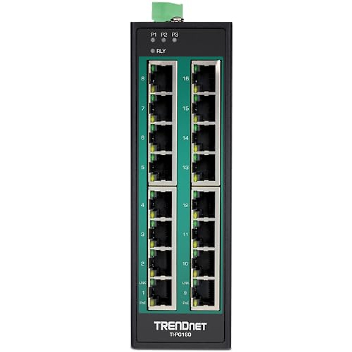 TRENDnet 16-Port Hardened Industrial Unmanaged Gigabit 10/100/1000Mbps DIN-Rail Switch w/ 16 Gigabit PoE+ Ports, Lifetime Protection, TI-PG160