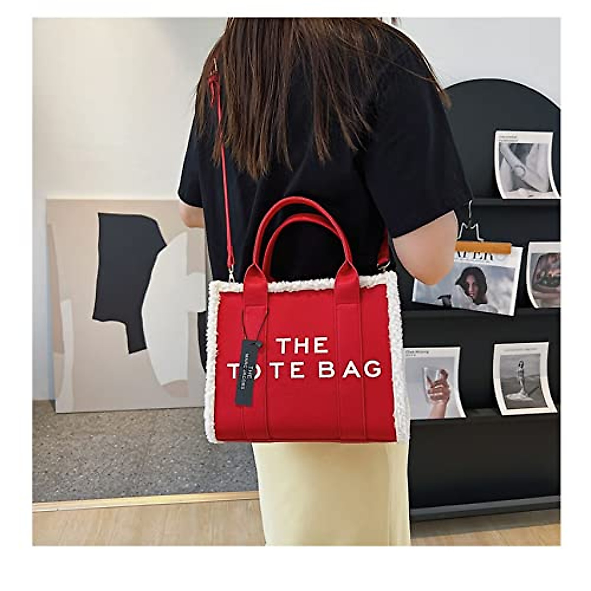 The Tote Bag for Women, Letter Handbag Tote Bag, Lamb Fur + Leather Shoulder/Crossbody Bag, for Office, Travel, School