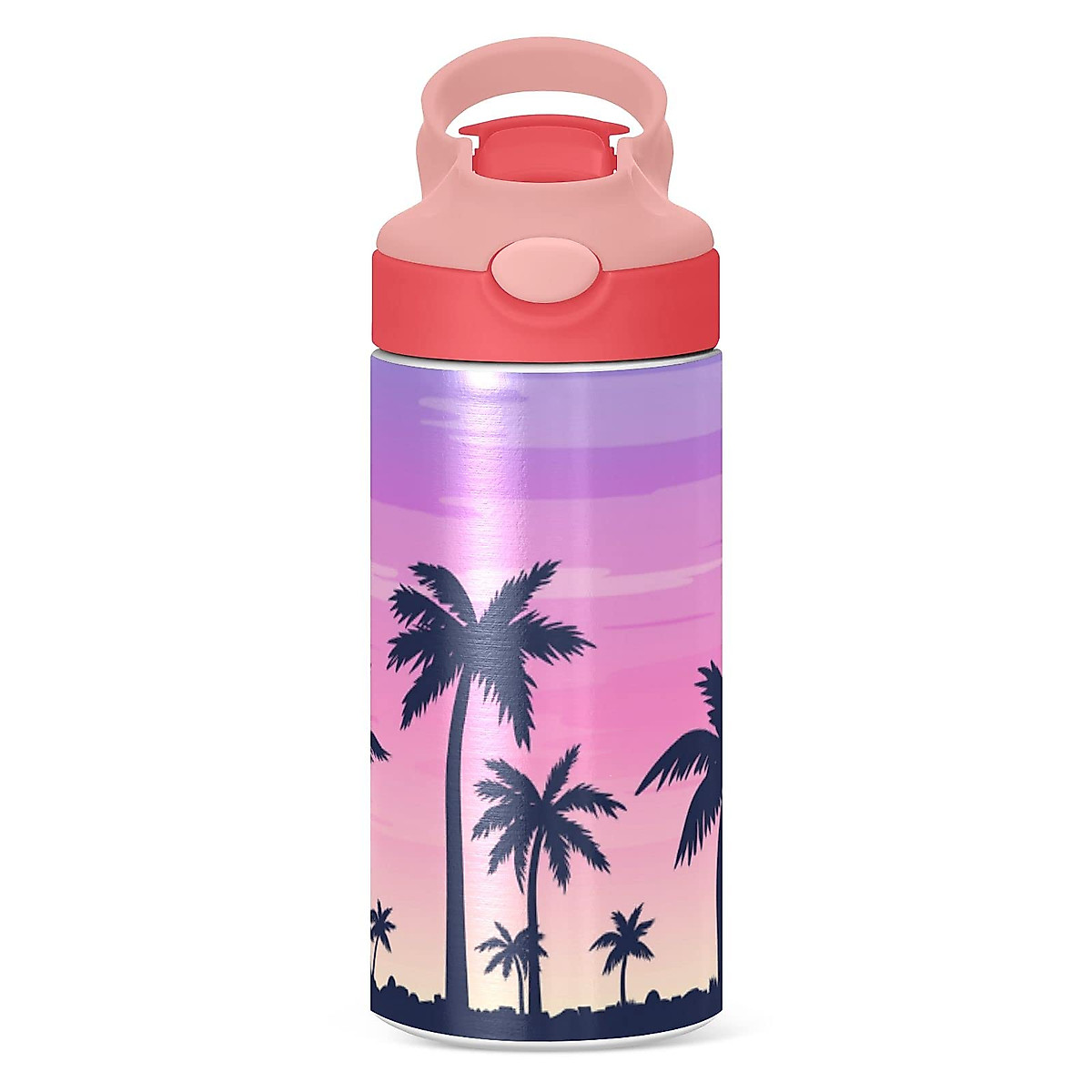 Purple Sky Palm Trees Kids Water Bottle with Straw Lid, Vacuum Insulated Stainless Steel Double Walled Leakproof Tumbler Travel Cup for Girls Boys Toddlers, 12 oz