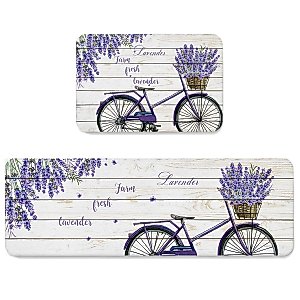 Kitchen Rugs Set 2 Piece Lavender Flower Bicycle Wood Water Absorb Non-Slip Kitchen Mats and Rugs Runner Set,Farm Flower Vintage Floor Mats Doormat for Bathroom/Indoor/Entry,15.7"x23.6"+15.7"x47.2"
