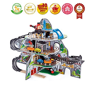 Hape Wooden Railway Mighty Mountain Mine Railway Playset| 4-Level Railway Train Track Playset with Crane and Magnetic Train Cars for Kids