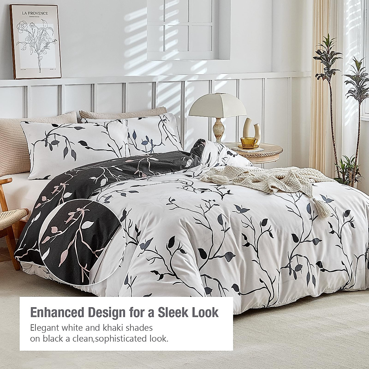 Lekesky Reversible Duvet Cover King Size, White Black Tree Branch Pattern Comforter Cover King 3pc Super Soft Microfiber Breathable Botanical Bedding Sets with Zipper Ties
