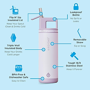 GROSCHE Alpine Flip n' Sip 20 oz Insulated Water Bottle - Stainless Steel, Leakproof Flask with Straw - Perfect for Gym, Travel & Outdoor Use - Keeps Water Cold up to 60 hrs - Lavender