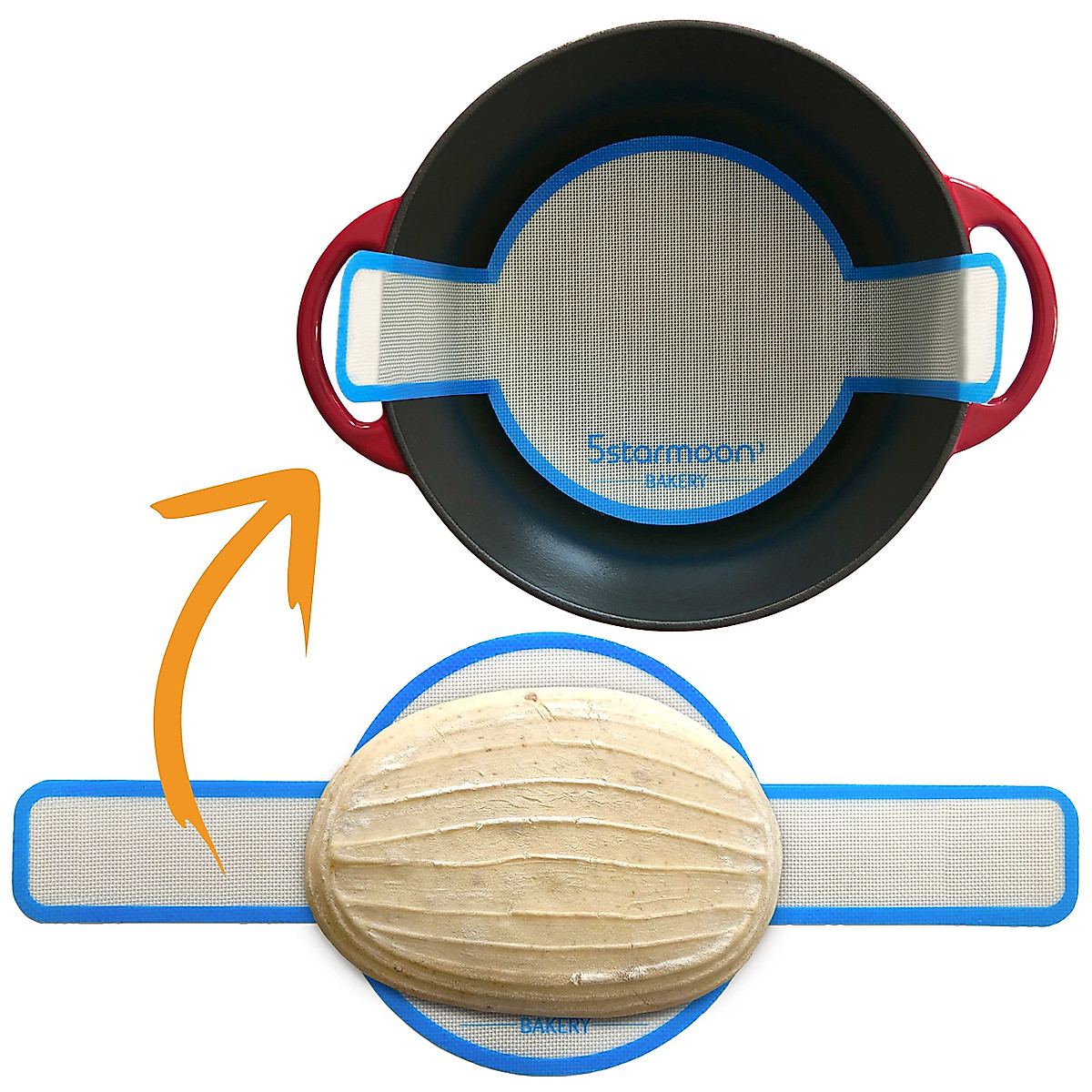 Silicone Bread Sling Dutch Oven Liner - Extra Thick Non-Stick Reusable Silicone Sourdough Bread Baking Mat with Long Handles, Sourdough Bread Baking Supplies for Easy Dough Transfer (Trim Blue)