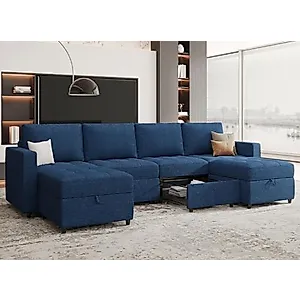 Belffin Fabric Modular Convertible Sectional Sofa U Shape Pull Out Couch with Ottomans 6 Piece Sofa Sectional Set Sleeper Couch with Double Reversible Chaises and Storage for Living Room Blue