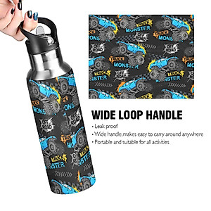 Wusikd Monster Truck Water Bottle with Straw Lid Double Wall Car Thermos Bottle Vacuum Insulated Flask Stainless Steel Water Bottle for Gym Outdoor 20 OZ