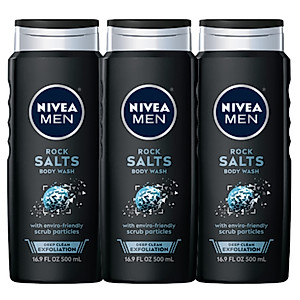 Nivea Men Deep Clean Rock Salts Body Wash with Scrub Particles and Natural Rock Salt, Exfoliating Body Wash for Men, Cleanses Without Drying Skin, 16.9 Fl Oz Bottle, Pack of 3