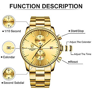 GOLDEN HOUR Men's Watches with Gold Stainless Steel Metal Strap Fashion Casual Waterproof Chronograph Quartz Watch, Auto Date in Black Hands