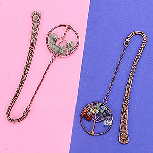 BENOSPACE 2 Pcs Tree of Life Bookmark Metal Religious Bronze Star Sun Moon Bookmarks Vintage 7 Chakra Crystals Healing Stone Beaded Charm Pendant for Women Student Teacher Graduation Christmas Gift