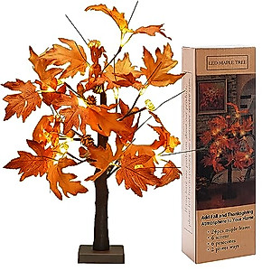 22 Inch Lighted Maple Tree Fall Tree Thanksgiving Tree Decorations with 6 Acorns & Pumpkins & Pinecones Autumn Decor with 18 LED Thanksgiving Decorations Indoor for Harvest, Fall, Party, Table