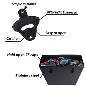 Luwanburg Black Cast Iron Bottle Opener Wall Mounted with Cap Catcher Bundle for Man Cave Garage Bar Gifts