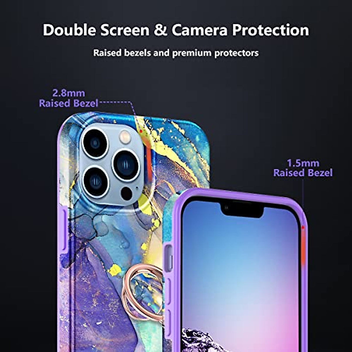 Rancase Compatible with iPhone 13 Pro Max Case with Ring Stand [360°Rotatable Ring Holder] Durable Marble Shockproof Kickstand TPU Slim Bumper Girls Case for iPhone 13 Pro Max 6.7 inch,Purple