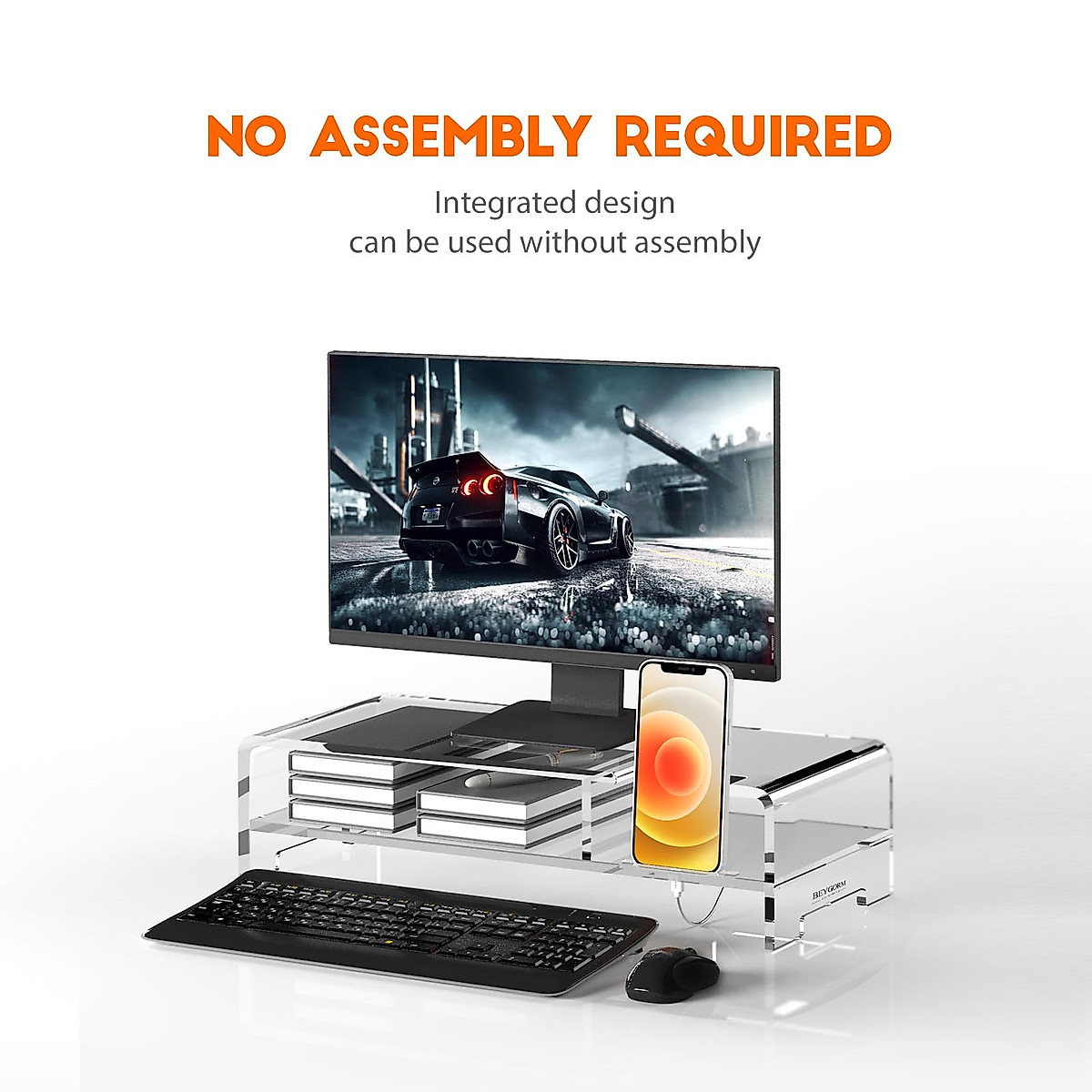 BEYGORM Acrylic Monitor Stand Riser, Wide 20", 2 Tier Computer Stand with Storage, Desk Organizer Desktop Printer Stand Laptop Storage Shelf Screen Holder with Phone Holder(Clear)