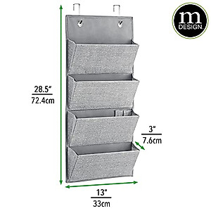 mDesign Soft Fabric Wall Mount/Over Door Hanging Storage Organizer - 4 Large Cascading Pockets - Holds Office Supplies, Planners, File Folders, Notebooks - Textured Print, 2 Pack - Gray